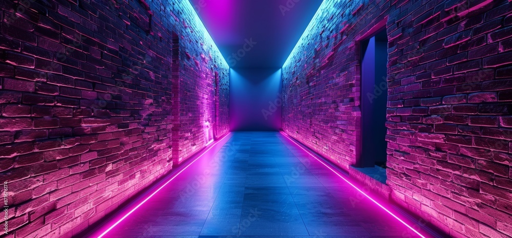 The cool neon glow of retro brick wall interiors with purple and blue ...