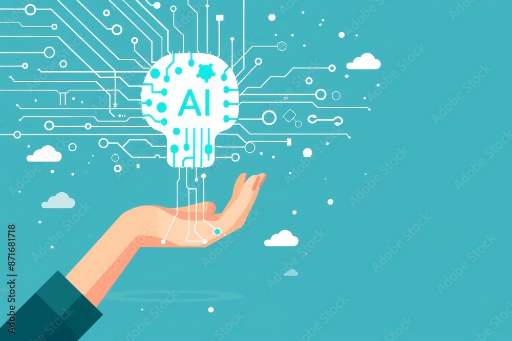 A flat vector illustration of an AI chip floating above the hand, with ...