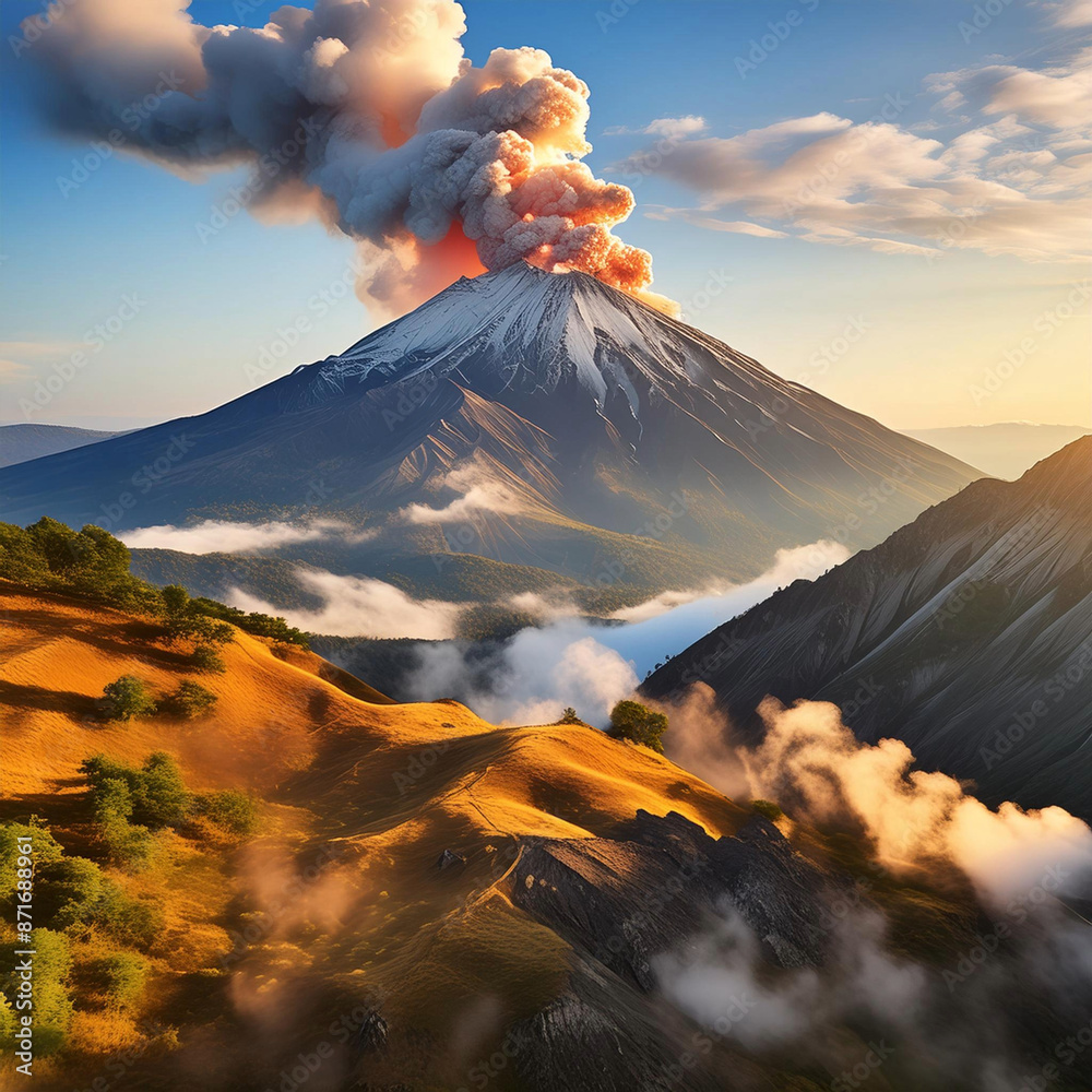 Volcano. Volcanic eruption. Natural disaster. Close up volcano eruption ...