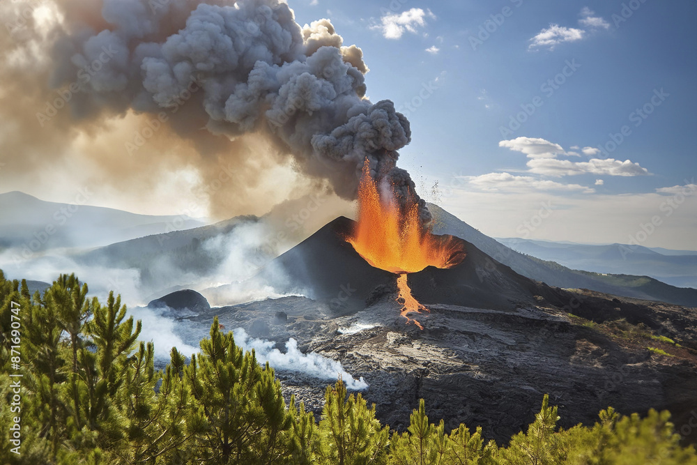 Volcano. Volcanic eruption. Natural disaster. Close up volcano eruption ...