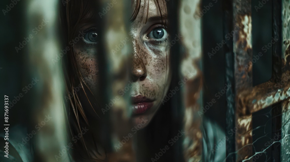 melancholic portrait of a female inmate behind rusty prison bars her ...