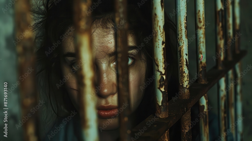 melancholic portrait of a female inmate behind rusty prison bars her ...