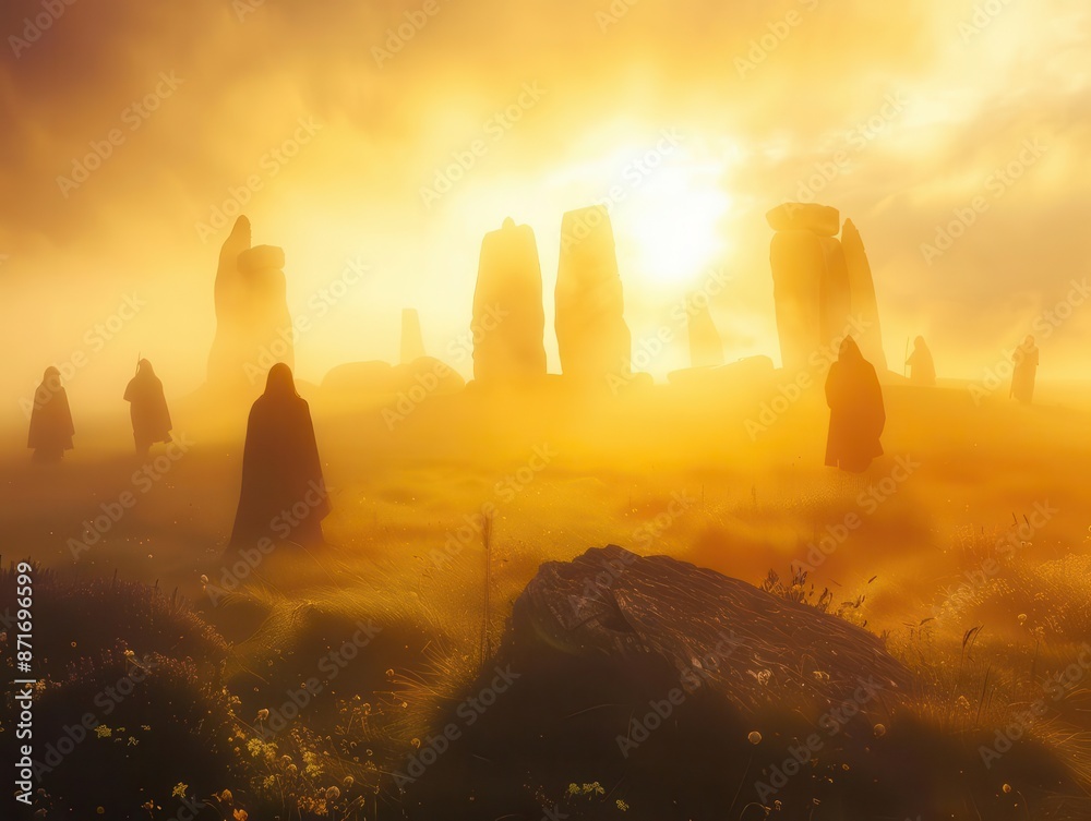 ethereal midsummer dawn ritual silhouetted figures around ancient stone ...
