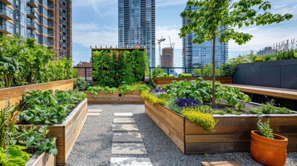 lush rooftop garden with raised cedar beds winding pebble paths and ...