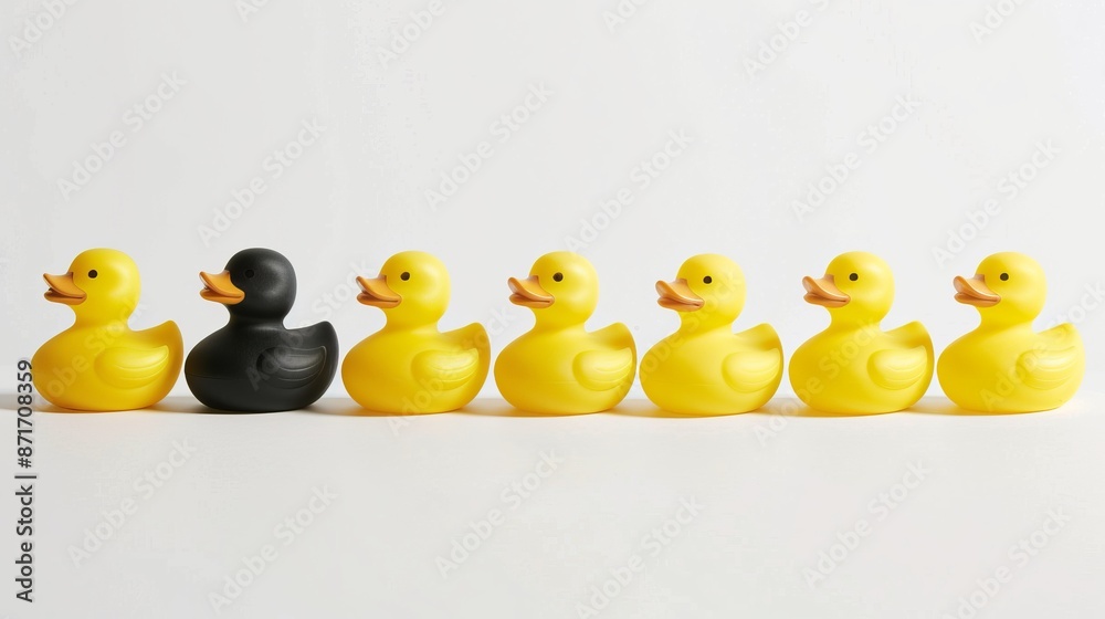 Unique black rubber duck stands out among yellow rubber ducks in line ...