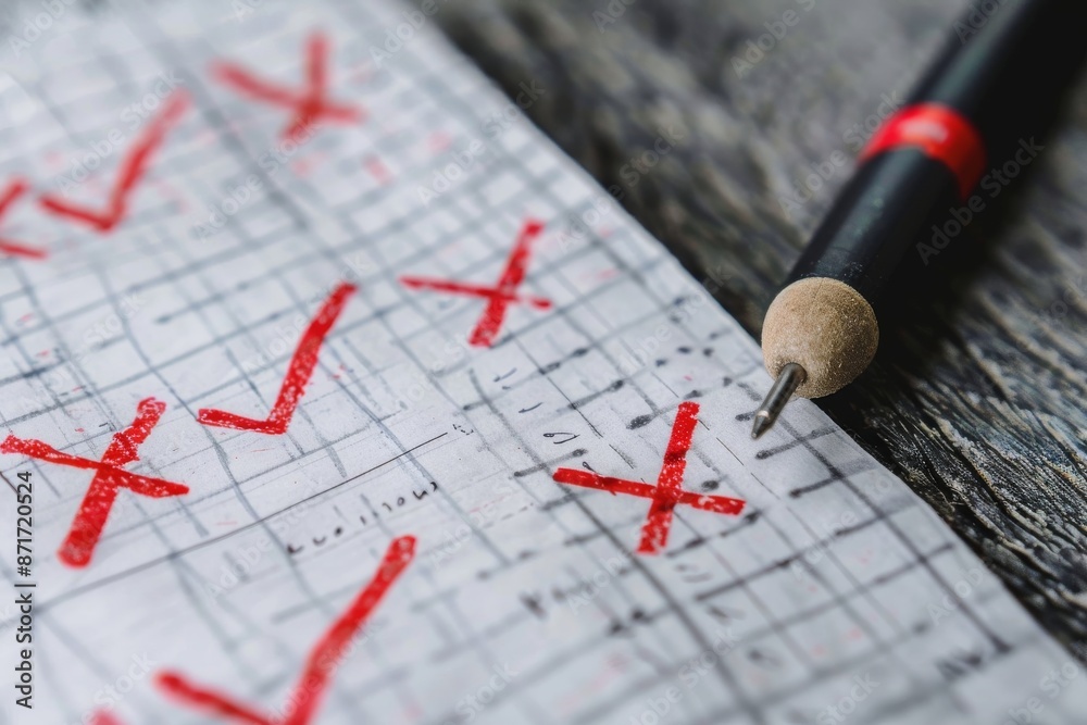 A detailed photograph of a tally sheet dotted with red check marks and ...