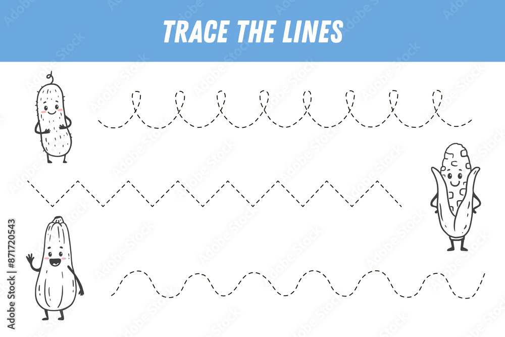 Tracing lines for kids. Cute cartoon vegetables. Corn, cucumber ...