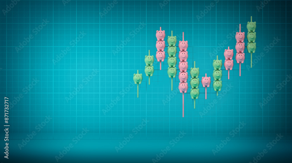 Stock market high-low candlestick chart made up of stacks of pink and ...