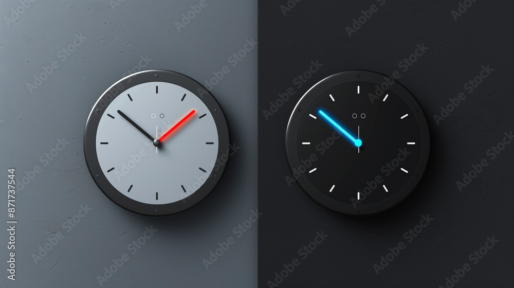 Clock Application on Light and Dark Backgrounds, Day and Night UI Design, Digital Countdown App ...