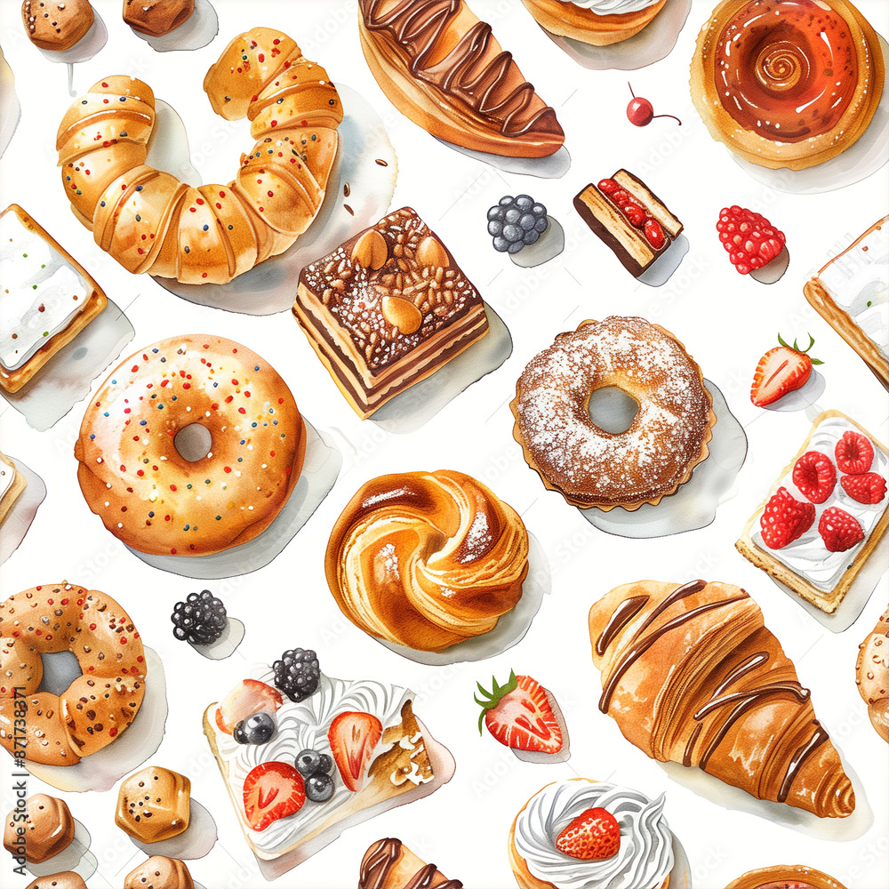 Watercolor vector pattern of bakery and pastry items, top-down view ...