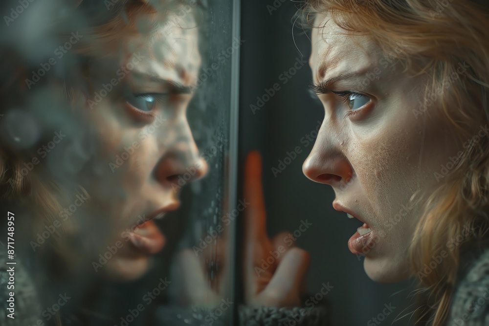 Image of a man crying and looking at his reflection in a mirror with ...