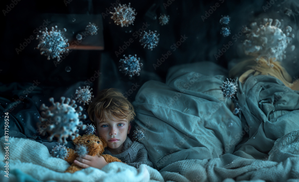 A child with a flushed face, lying in bed holding a stuffed animal for ...