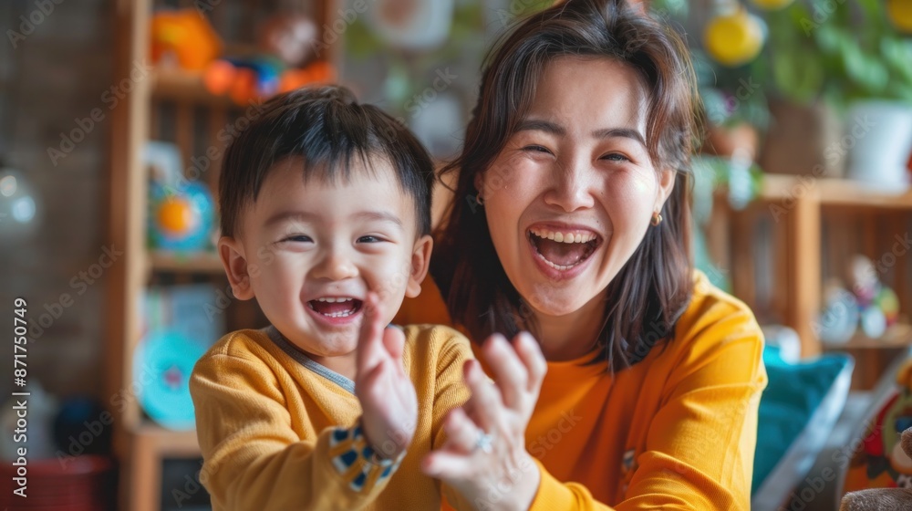 Happy Asian kid and his mother have fun while playing clapping game at ...