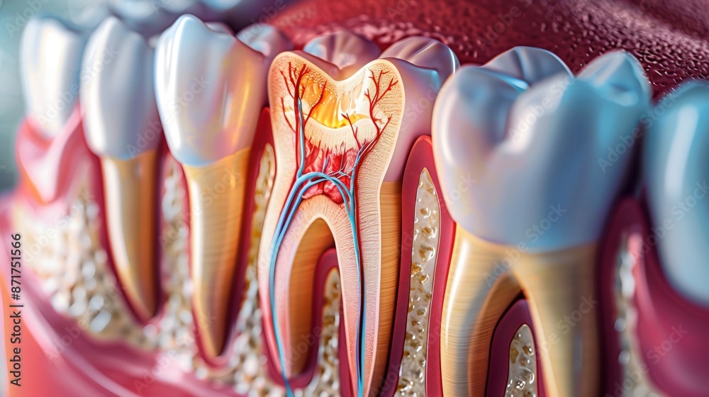 Anatomical view internal tooth structure showing enamel, dentin, pulp ...