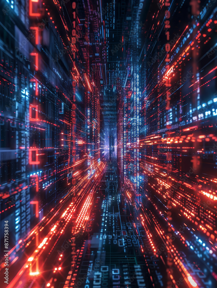 Digital Cityscape: A Journey Through Binary Data - A captivating abstract visualization of a ...