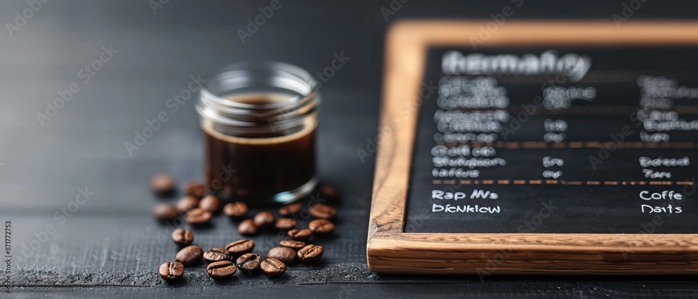 Coffee shop menu with coffee beans and a jar of coffee on a dark wooden ...