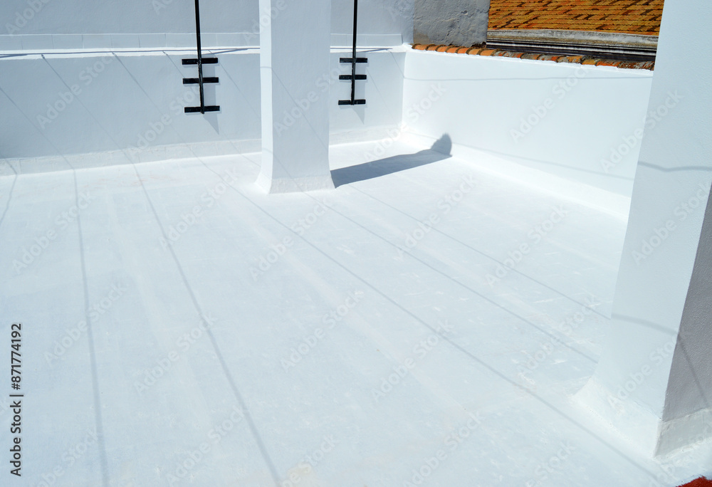 Waterproofing the terrace of the house with white rubber paint. Terrace ...