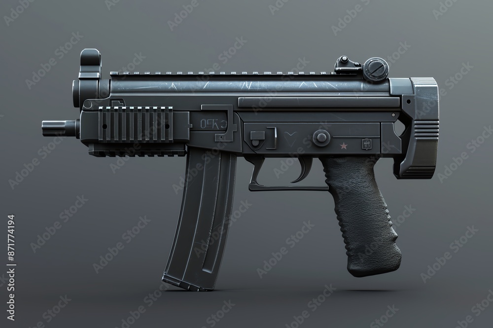 Flat Side View of Uzi Submachine Gun Illustrating compact design and ...