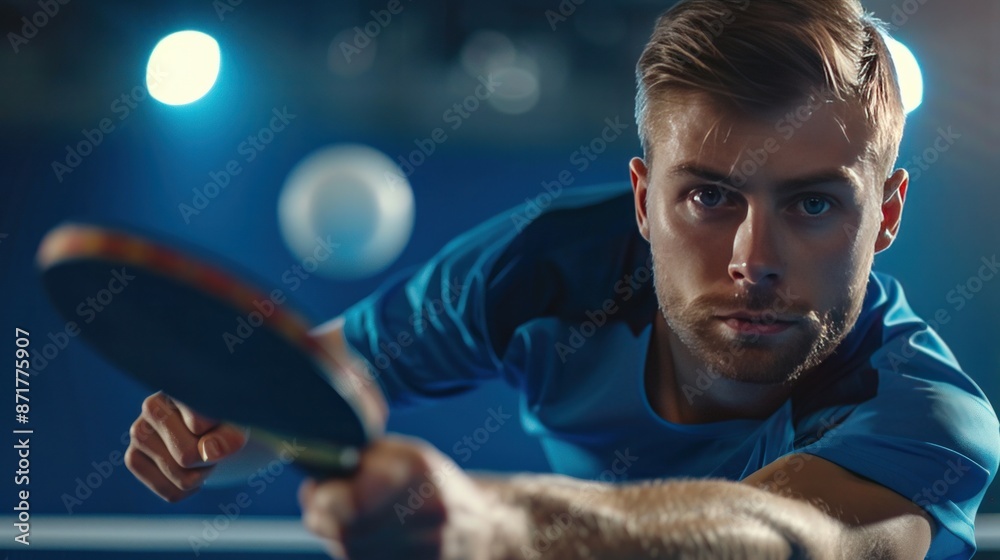 Table tennis player in action close-up photo. Ping pong horizontal ...