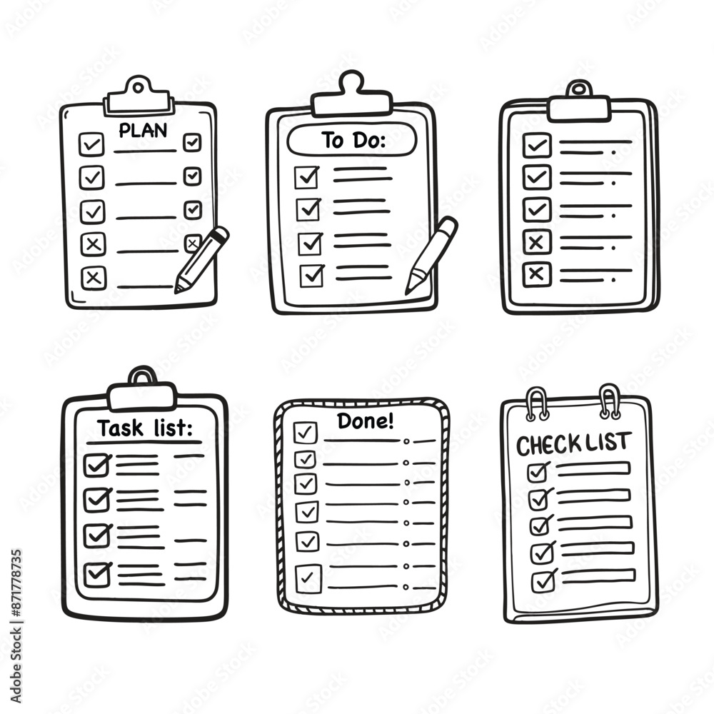 Doodle checklist set. To do, task list with check mark vector ...