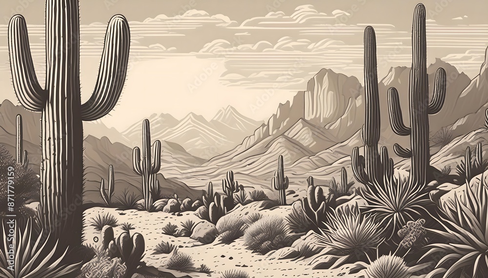 illustrated wallpaper depicting desert landscape various cacti rugged ...