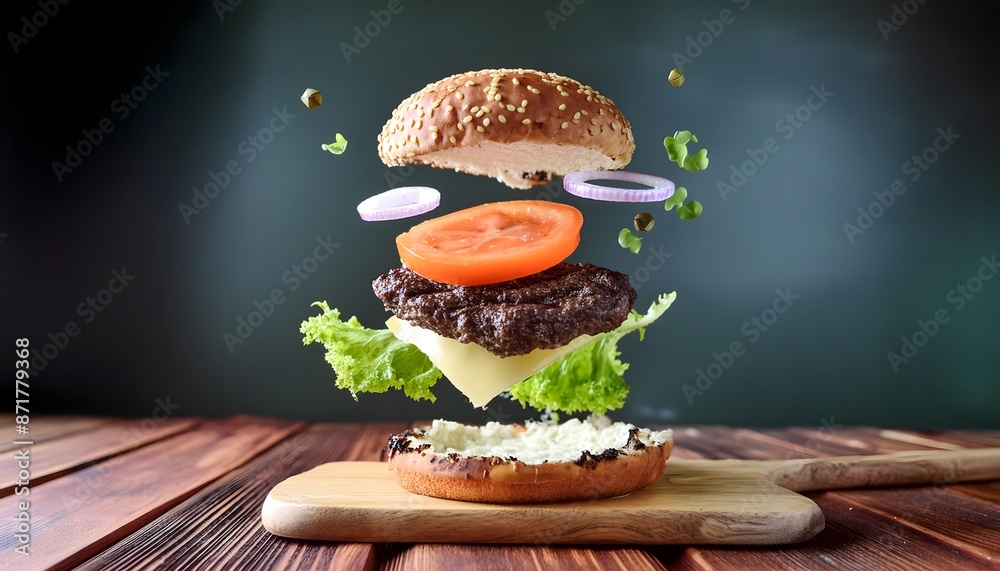 photograph deconstructed burger floating ingredients including sesame ...