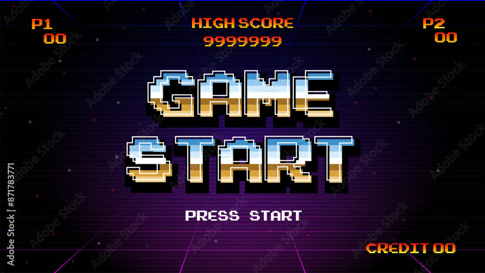 GAME START PRESS START.pixel art .8 bit game.retro game. for game ...