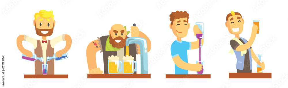 Man Bartender Character Pouring and Serving Alcoholic Drink at Counter ...