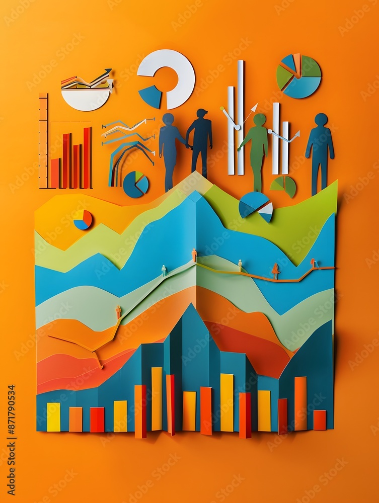 Paper cut-out figures stand on a colorful map with various charts and ...