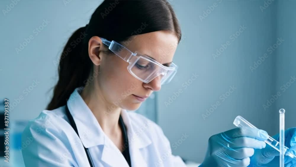 Medical laboratory: Female scientist wearing a face mask using a ...
