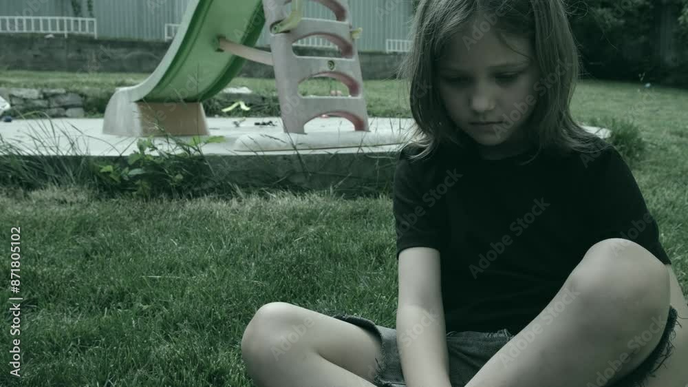 Sad lonely little girl sits alone on the steps. Concept of loneliness ...