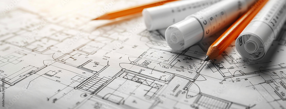 a wide angled horizontal flat lay closeup photo of an architectural ...