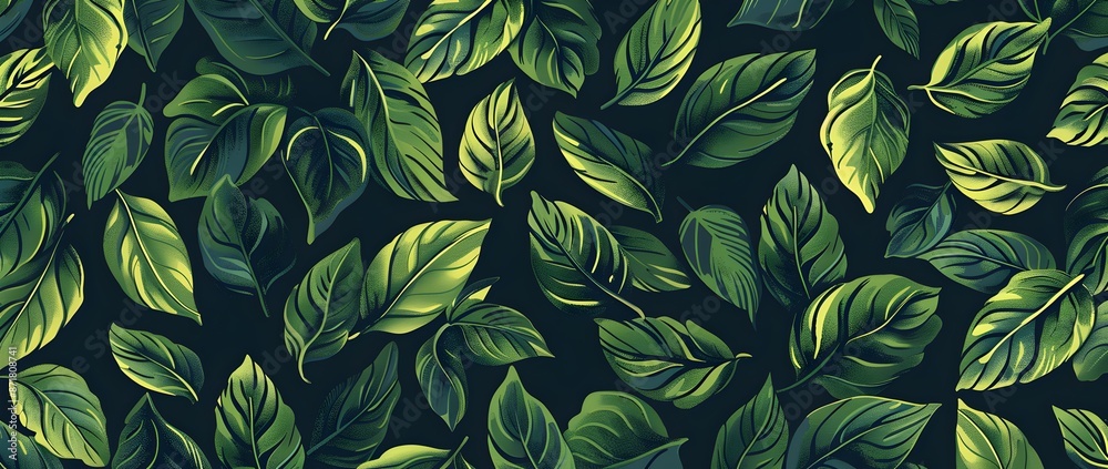 Seamless pattern with green leaves lines texture on dark background ...