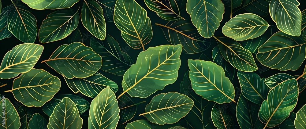 Seamless pattern with green leaves lines texture on dark background ...