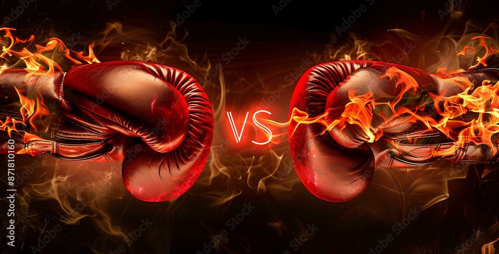 Two boxing gloves in fire with the word "VS" between them, on dark ...