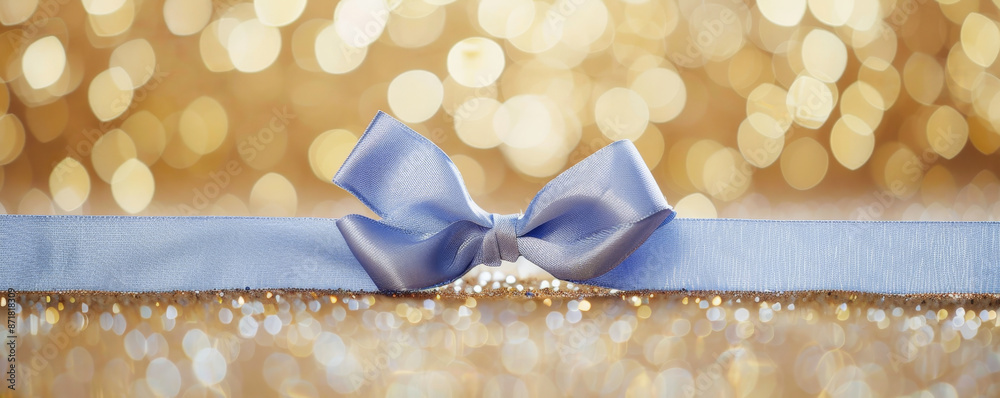 A soft periwinkle blue ribbon bow on a gold glitter background. The ...