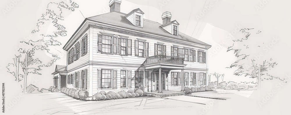 A sketch of a historic American colonial house, with symmetrical ...