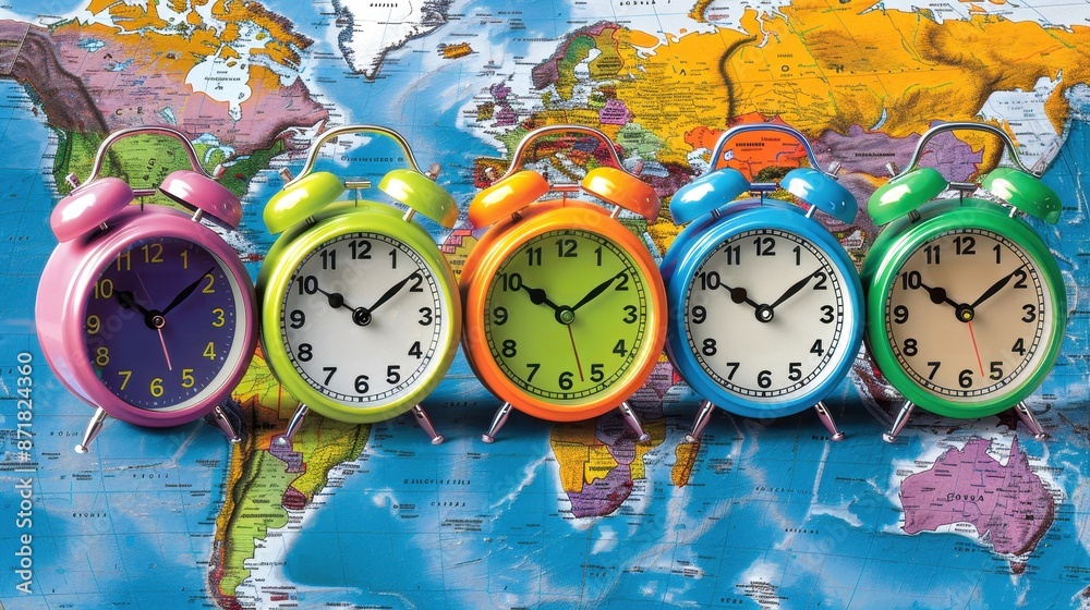 Colorful alarm clocks in a row showing different times, placed against ...