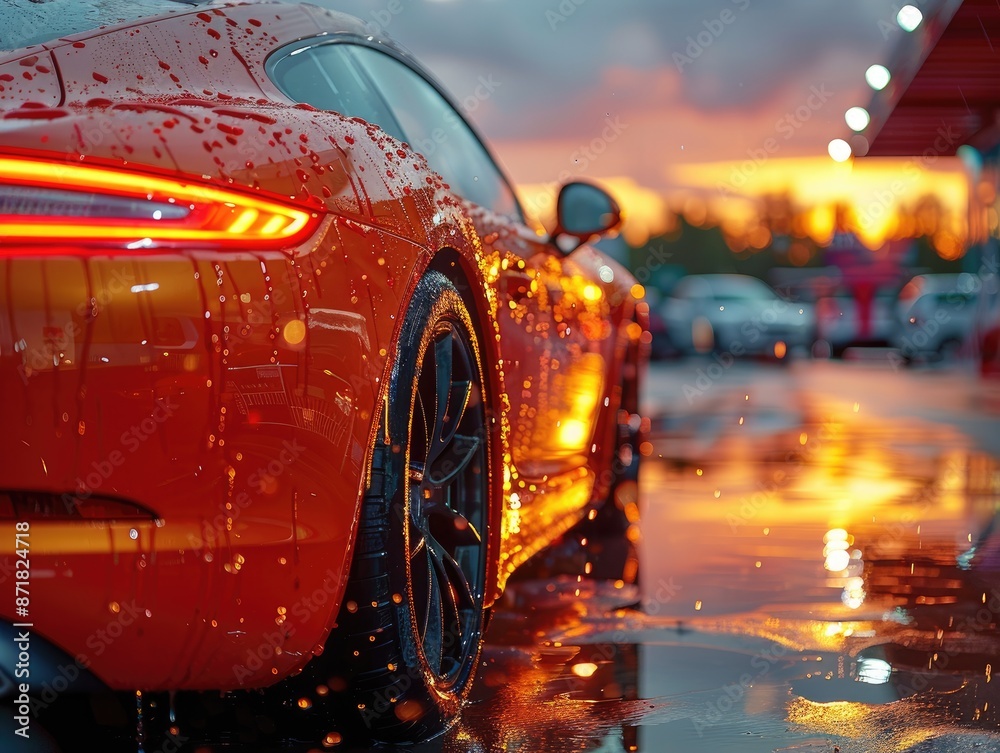 A shiny standing in the warm sunlight and car wash , city, 8k uhd, dslr ...