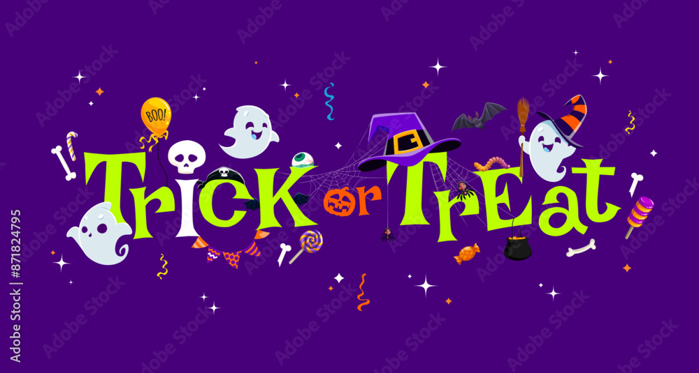 Halloween trick or treat banner with funny kawaii ghosts and candies ...