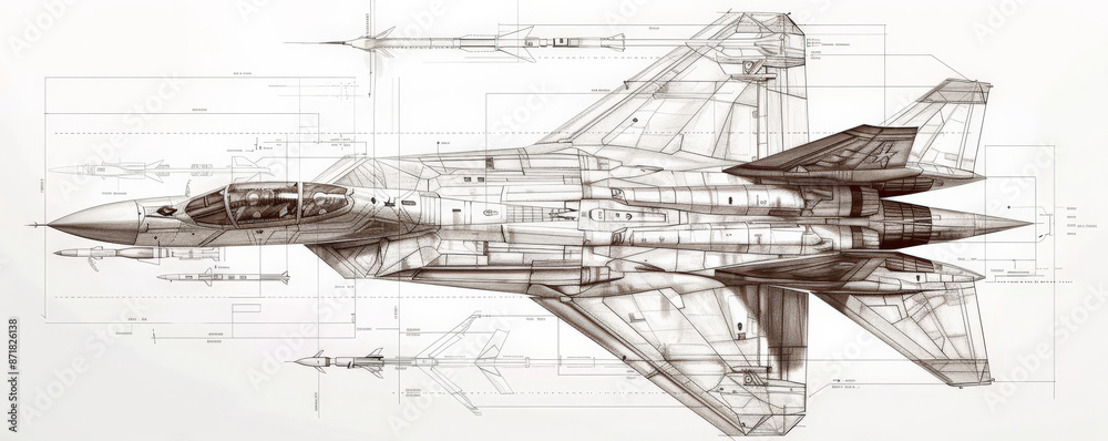 A technical drawing of a fighter jet, highlighting its aerodynamic ...