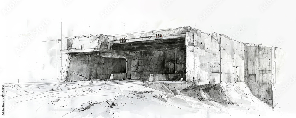 An architectural sketch of a military bunker, displaying reinforced ...