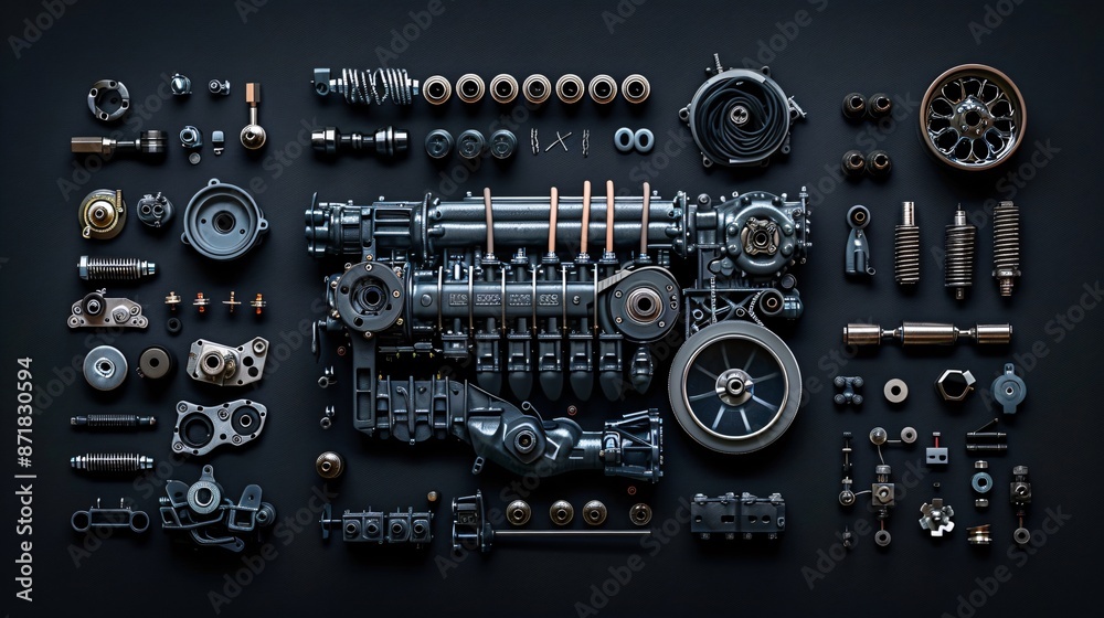 Exploded view illustration of car engine parts including timing belt ...