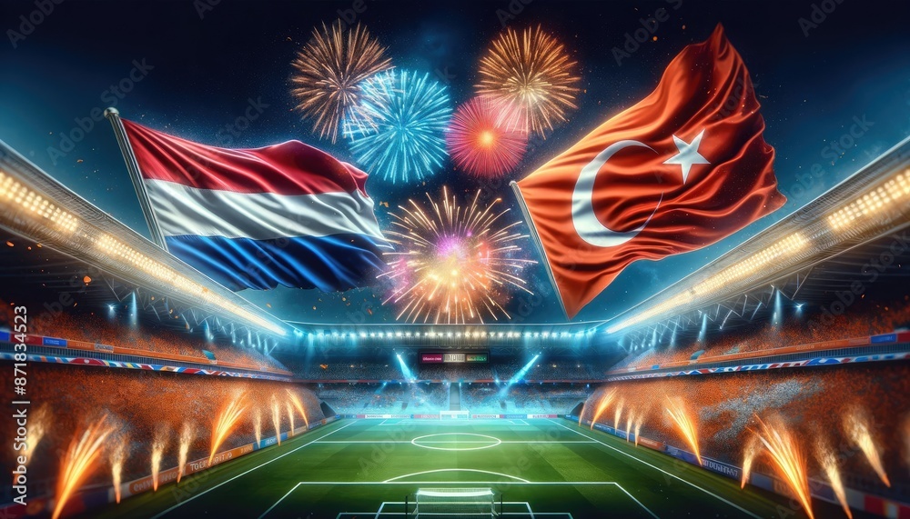 Netherlands vs Turkey football match, Dutch flag, Turkish flag, stadium ...