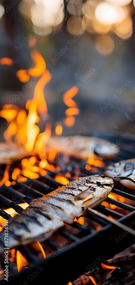 Grilled fish cooking over an open flame on a barbecue grill, with fiery ...