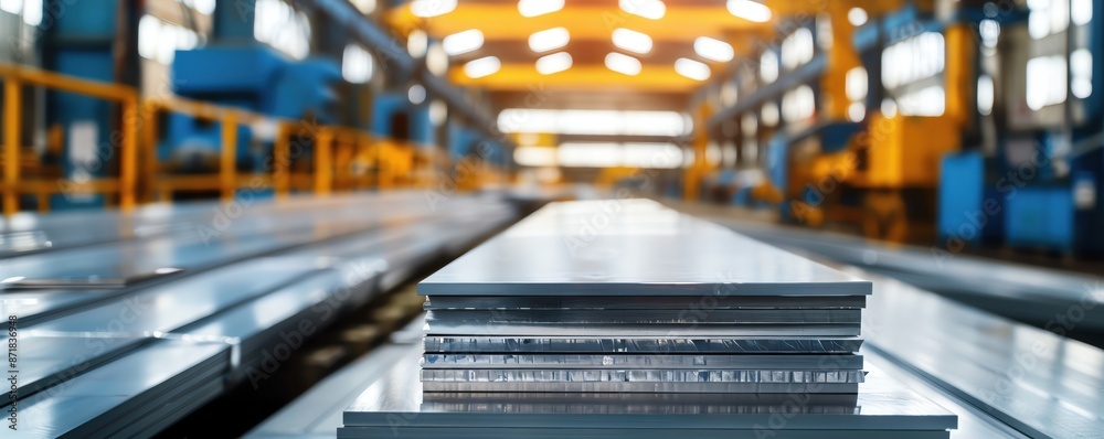 Industrial steel sheets stacked in a warehouse, showing a modern ...