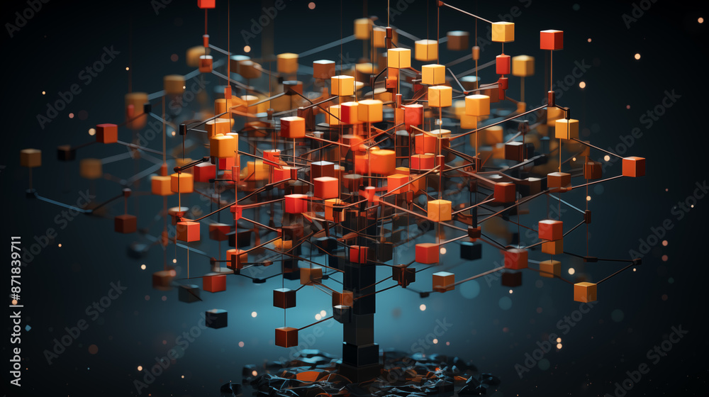 Orange Data Network With Interconnected Cubes Background Image 3d Blockchain Desktop Wallpaper
