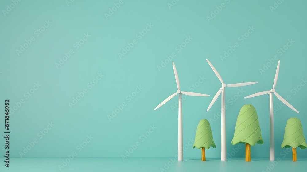 Minimalist scene of wind turbines and stylized trees on a pastel ...