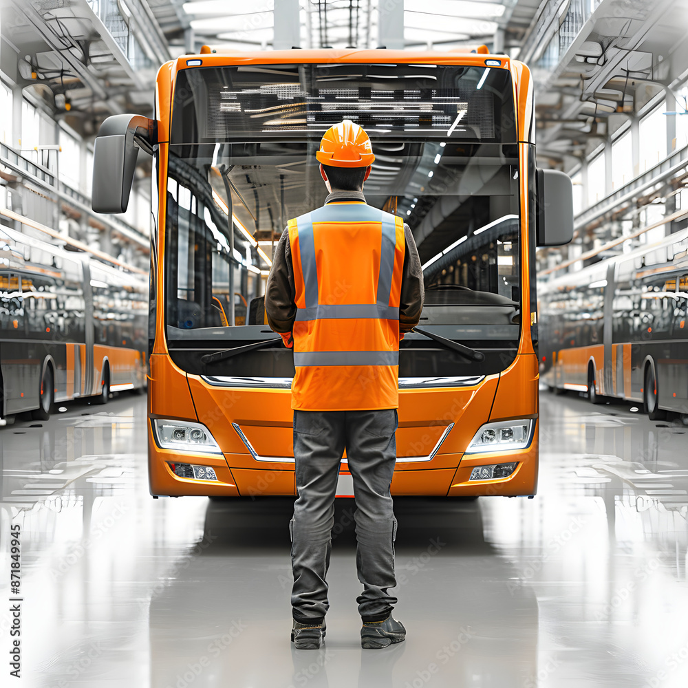 an industry worker checking on bus construction in vehicle production ...