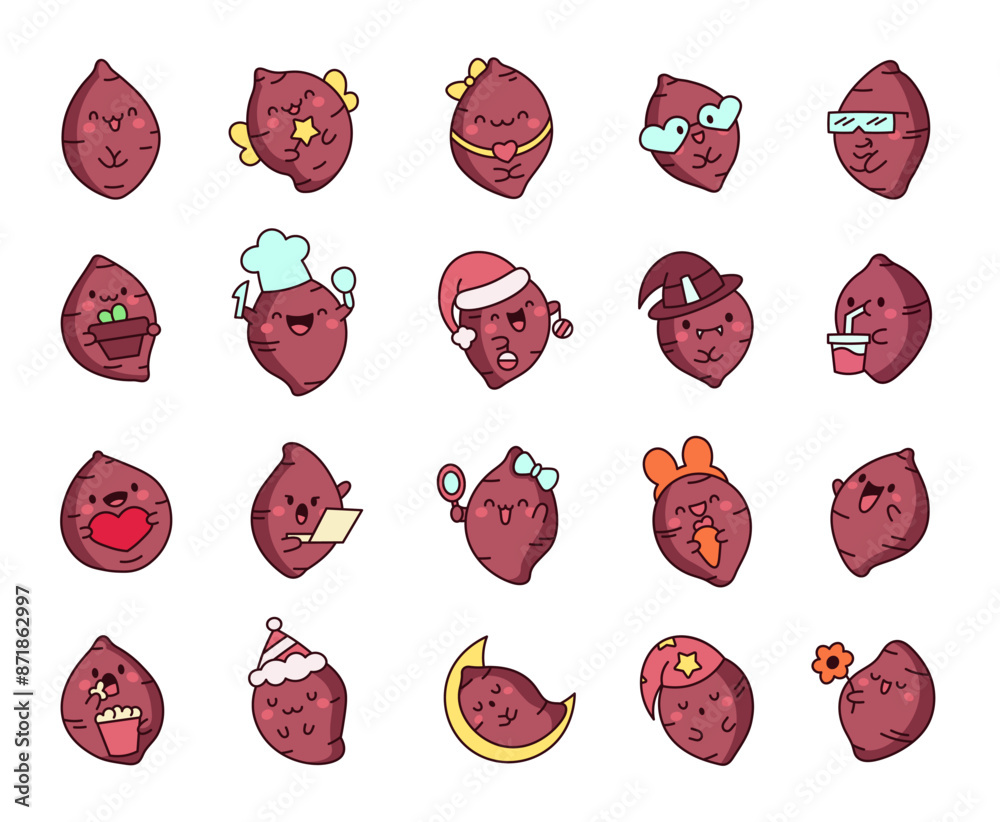 Cute kawaii sweet potato with funny face. Adorable cartoon food ...